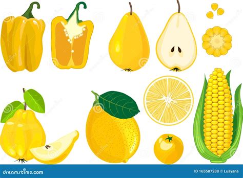 Big Set Of Different Yellow Color Fruits And Vegetables Stock Vector