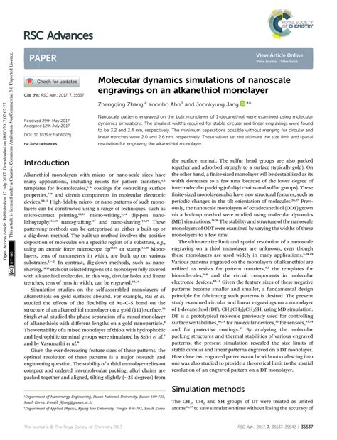Pdf Molecular Dynamics Simulations Of Nanoscale Engravings On An Alkanethiol Monolayer
