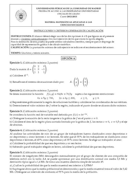 Examen de Selectividad Matemáticas CCSS Madrid Convocatoria Junio