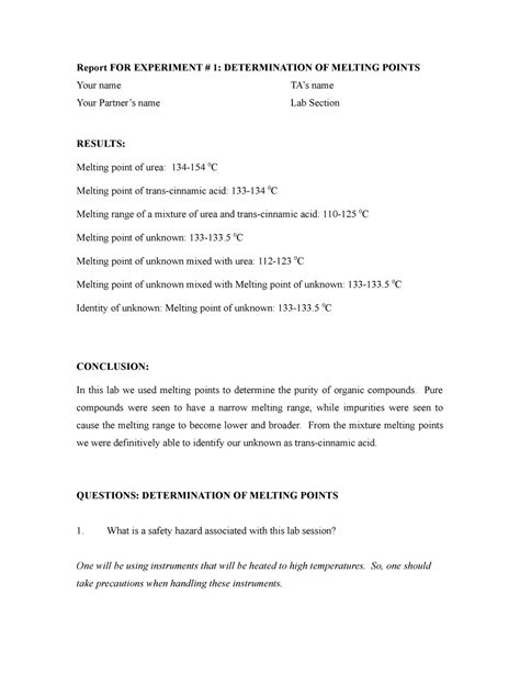 Expt1 Lab Report Melting Point Report For Experiment 1 Determination Of Melting Points