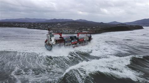 Container Ship Which Ran Aground During A Storm Shipwreck Giant Waves Stock Footage Video