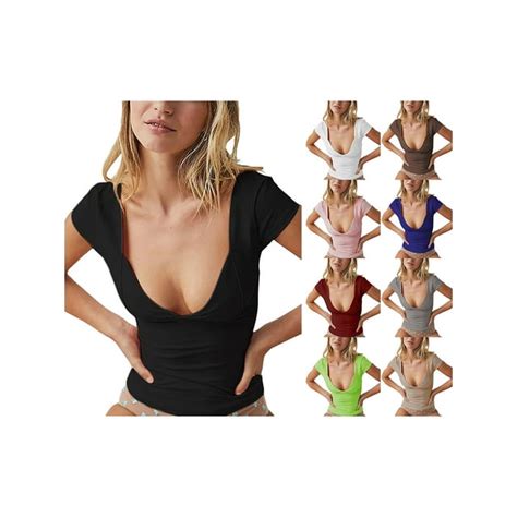 Womens Deep V Neck Tops Casual Short Sleeve Low Cut Solid Color Slim