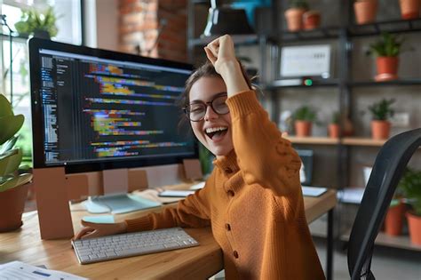 Photo Of Lovely Excited Glad Woman Software Developer Sitting Armchair