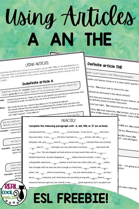 Free Esl Article Use A An The And No Article Esl Articles Cloze Activity English Articles