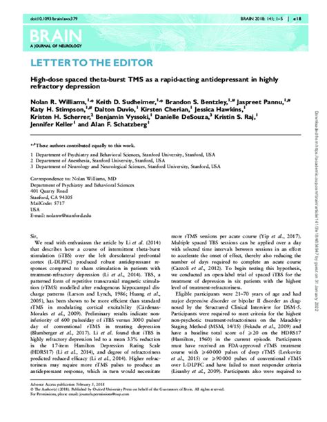 Pdf High Dose Spaced Theta Burst Tms As A Rapid Acting Antidepressant
