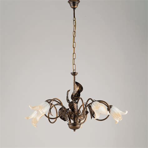 Lampadario Classico Luci Con Foglie Ferro Battuto E Vetro Bronzo Serie Limone
