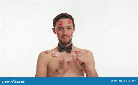 Handsome Happy 20s Half Naked Man With Kiss Imprints Or Marks On Body
