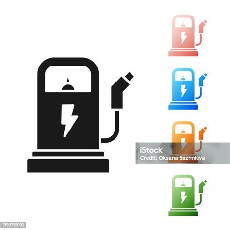 흰색 배경에 격리 된 검은 색 전기 자동차 충전 소 아이콘 에코 전기 연료 펌프 기호입니다 다채로운 아이콘을 설정합니다 벡터 일러스트레이션 0명에 대한 스톡 벡터 아트 및