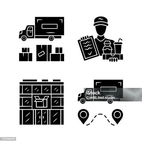 배달 글리프 아이콘 세트 무거운 상품 배송 음식 배달 택배 우체국 화물 운송 트럭 화물 선적 실루엣 기호입니다 벡터 절연 그림 개념에 대한 스톡 벡터 아트 및 기타 이미지