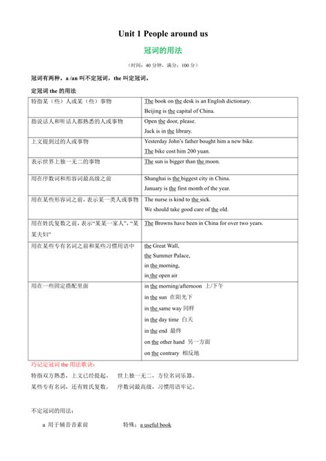 Unit1 People Around Us 语法grammar 冠词讲解和练习（含解析） 21世纪教育网