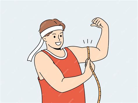 이두박근을 보여주며 줄자로 팔 근육의 크기를 확인하는 힘센 남자 프리미엄 벡터