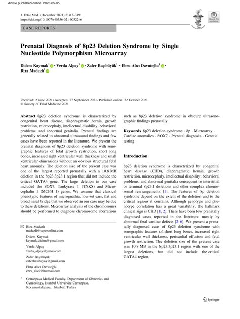 pdf prenatal diagnosis of 8p23 deletion syndrome by single nucleotide