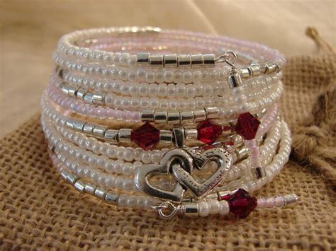 Two Hearts As One 10 Coil Memory Wire Bracelet With Swarovski Crystal