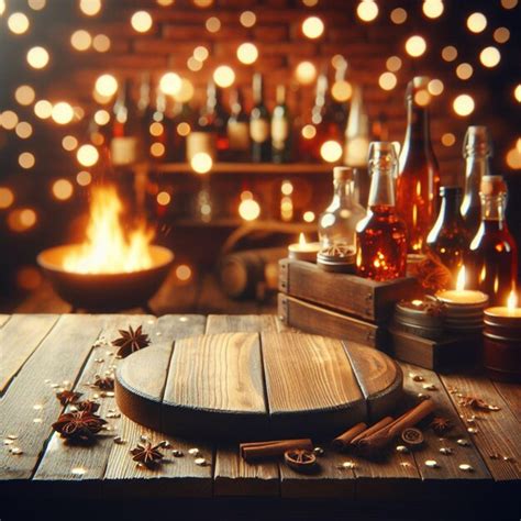 Premium Photo A Wooden Table With A Fire In The Background And A