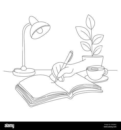 A Single Continuous Line Drawing Of A Hand Gesture Writing On An Open Book Beside A Cup Of