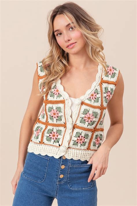 Granny Square V Neck Sweater Vest Cardigan Oatmeal Multi Ulla La