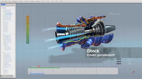 산업용 지속 가능한 그린 에너지 터빈 엔진의 설계를 3d로 보여주는 컴퓨터 Cad 소프트웨어 효율적인 에코 모터 프로토타입