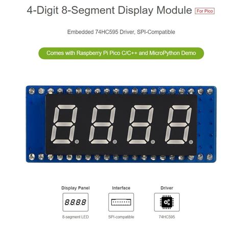 waveshare 4 digit 8 segment display module for raspberry pi pico spi