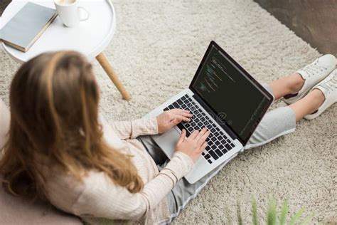 High Angle View Of Young Female Developer Coding With Laptop Editorial Photo Image Of Adult