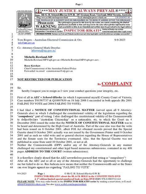 20230909 Mr G H Schorel Hlavka Owb To Tom Rogers Australian
