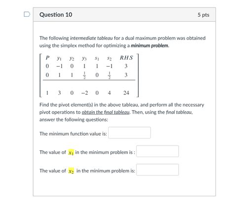 Solved Question 10 5 Pts The Following Intermediate Tableau Chegg