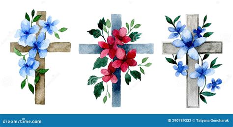 Christian Cross With Flowers Religious Symbol Easter Holiday Stock
