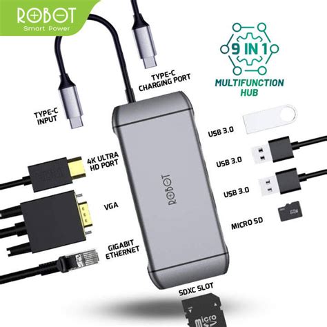 Robot Multiport 9in1 Usb Type C Hub Adapter Lightweight And Portable Space Grey Original Garansi