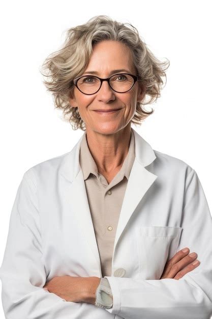 Premium Photo A Woman With Glasses And A White Lab Coat With Her Arms