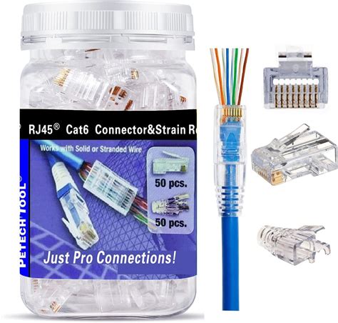 PETECHTOOL RJ CAT Pass Through Connectors Gold Plated P C Plugs And Strain Relief