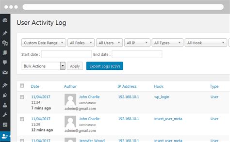 home page user activity log