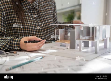 House Model On Buleprint Construction Drawing And Drawing Equipment Stationary Architect
