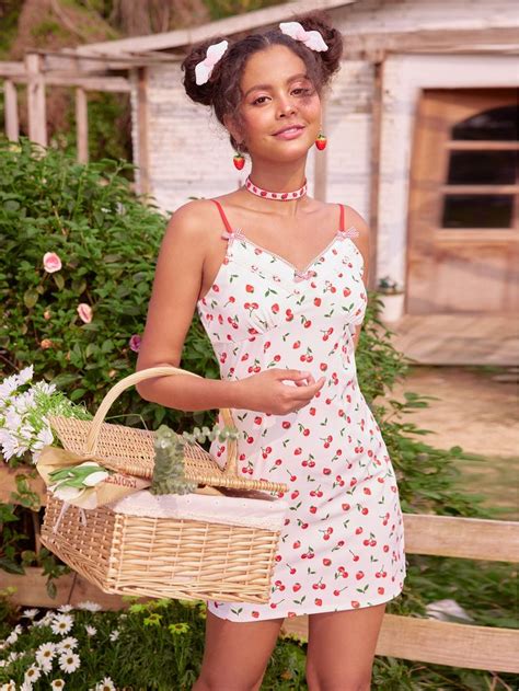 Romwe Kawaii Cherry And Strawberry Print Bow Decor Cami Dress