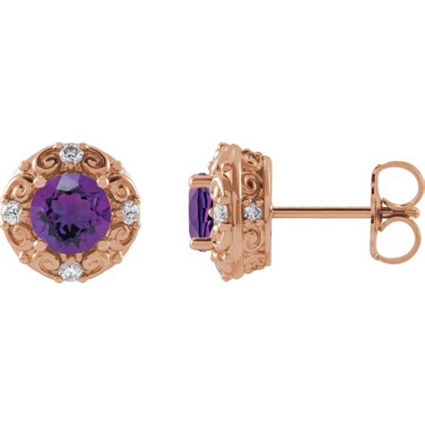 14k Rose Gold 5mm Round Shape Amethyst And 16 Cttw Diamond Halo Style