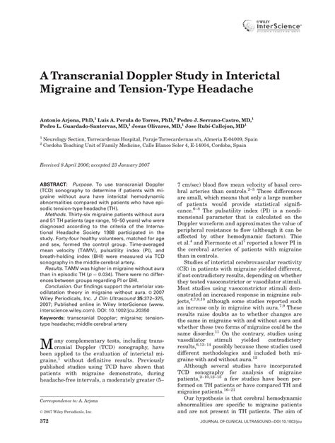 Pdf A Transcranial Doppler Study In Interictal Migraine And Tension