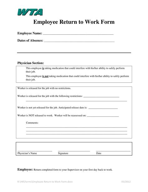 Free Printable Return To Work Templates [pdf Word]