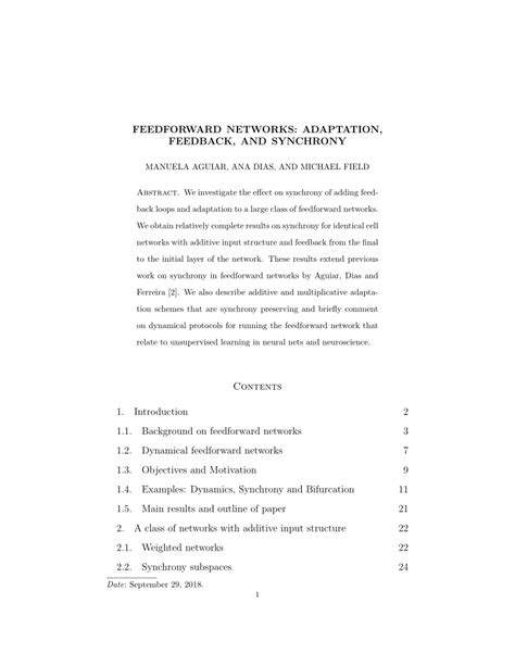 Pdf Feedforward Networks Adaptation Feedback And Synchrony
