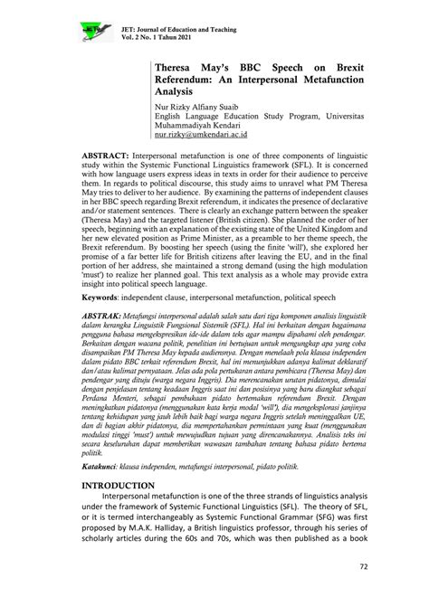 Pdf Theresa May S Bbc Speech On Brexit Referendum An Interpersonal