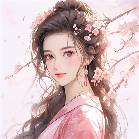 A Woman In A Kimono With A Pink Flower On Her Hair Premium AI
