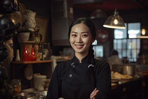 검은 제복을 입고 웃는 요리사 프리미엄 사진