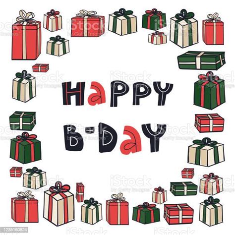 생일 축하 인사말 카드 초대장 디자인 또는 배너 템플릿 다양한 선물 상자와 팩과 중간에 해피 Bday 문자 텍스트를 배치합니다