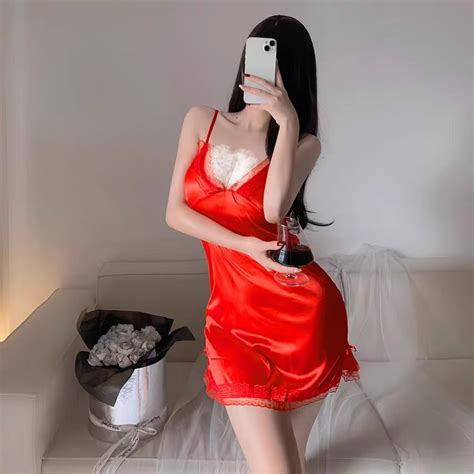Cod Silk Sexy Nightdress Women Lingerie Red Lace Pajamas Sex Dress For Woman Slip Nightgown