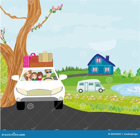 Familia Que Viaja En Un Coche Ilustración Del Vector Ilustración De