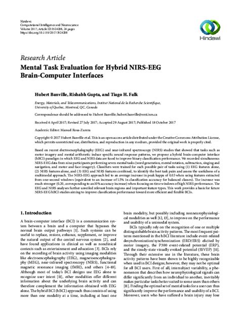 Pdf Mental Task Evaluation For Hybrid Nirs Eeg Brain Computer Interfaces