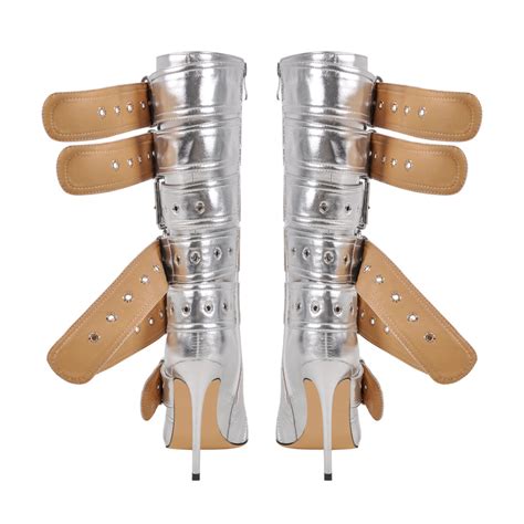 Metallic Pointed Toe Buckles Stiletto Ankle Boots Onlymaker