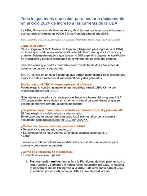 Todo Lo Que Tenés Que Saber Ingreso Uba 2024 Pdf