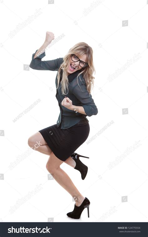Business Woman Celebrating Success Triumphant Gesture Stock Photo