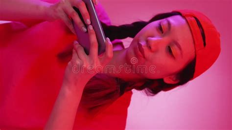 Vertical Gamer Girl Playing Phone Excited Online Stock Video Video Of