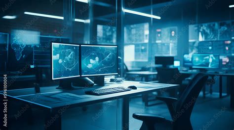 Protect Your Data With Cutting Edge Technology In A Futuristic Cybersecurity Workspace Stock