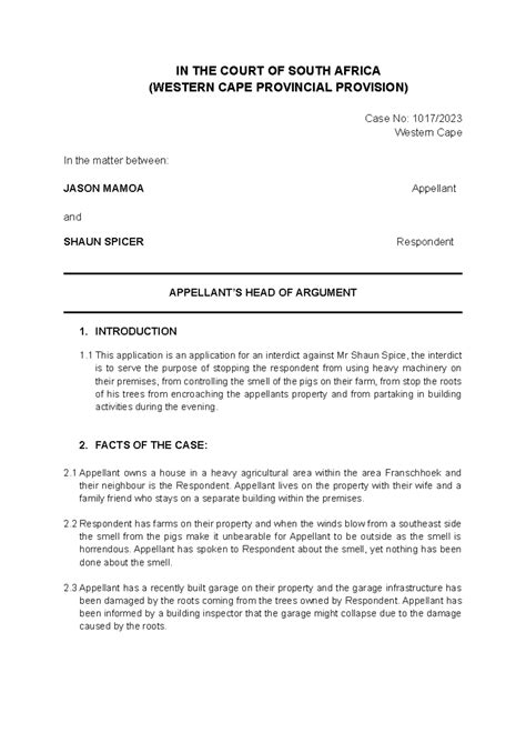 Heads Of Argument In The Court Of South Africa Western Cape Provincial Provision Case No