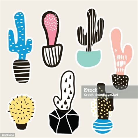 창의적인 선인장 설정합니다 클립 아트 손으로 그려진 현대 Cactusin 냄비 스티커 인쇄에 대 한 준비 디자인입니다 벡터